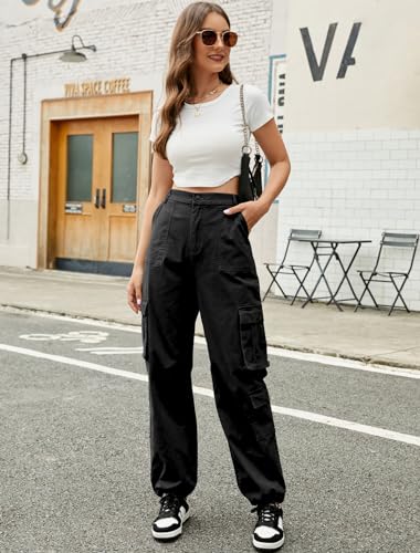 MOYEE Cargo Pants for Women High Waisted and Wide Leg Casual Y2K Pants Baggy Trousers with 7 Pockets(Black, Large)