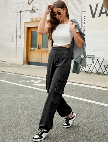 MOYEE Cargo Pants for Women High Waisted and Wide Leg Casual Y2K Pants Baggy Trousers with 7 Pockets(Black, Large)
