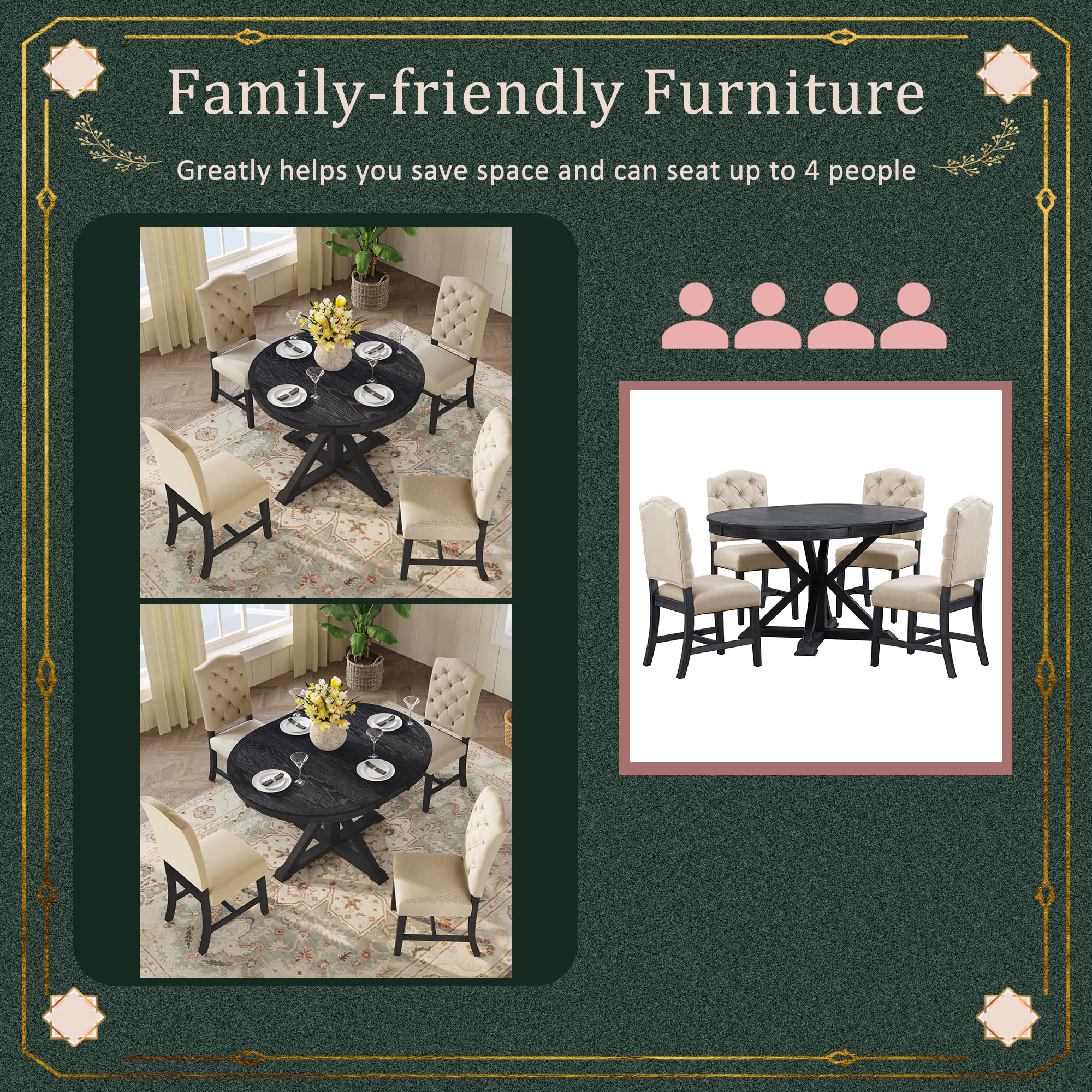 RUNWON 5-Piece Retro Style Extendable Round Kitchen Dining Table Set with 4 Upholstered Chairs, Espresso+Gray