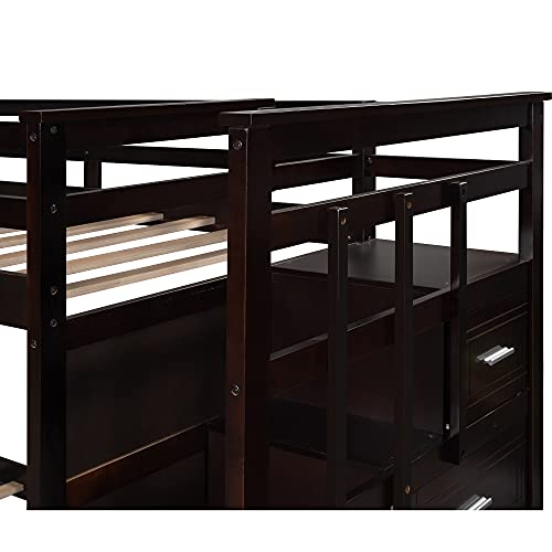 Solid Wood Twin Over Twin Bunk Bed, Trundle Bunk Beds with 4 Storage Drawers, Staircase and Safety Guard Rail, No Box Spring Needed (Espresso)