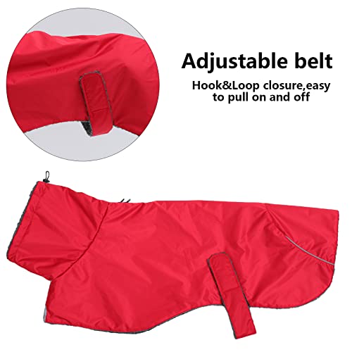 Greyhound Lurcher Winter Coat, Whippet Coat with Padded Fleece, Waterproof Dog Jacket with Adjustable Bands and Zipper Harness Hole - Red - Medium