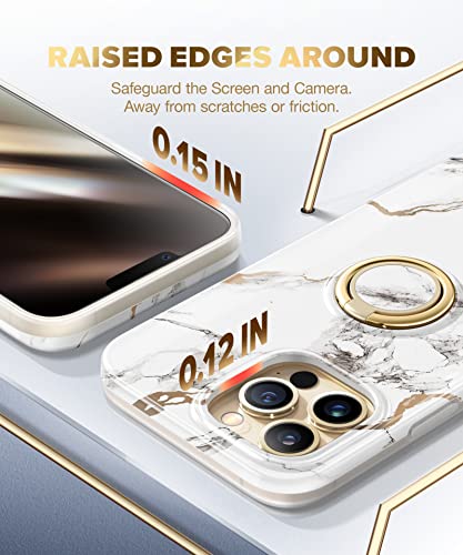 GVIEWIN for iPhone 13 Pro Max Case 6.7 Inch 2021, Built-in 360° Rotatable Ring Stand, Durable Marble Ultra Slim Glossy Hard Shockproof Kickstand Phone Holder Protective Case Cover (White/Gold)