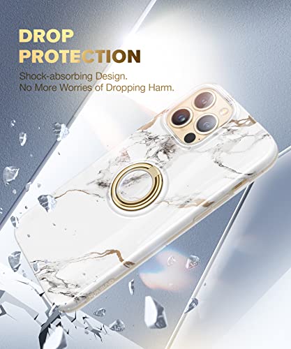 GVIEWIN for iPhone 13 Pro Max Case 6.7 Inch 2021, Built-in 360° Rotatable Ring Stand, Durable Marble Ultra Slim Glossy Hard Shockproof Kickstand Phone Holder Protective Case Cover (White/Gold)