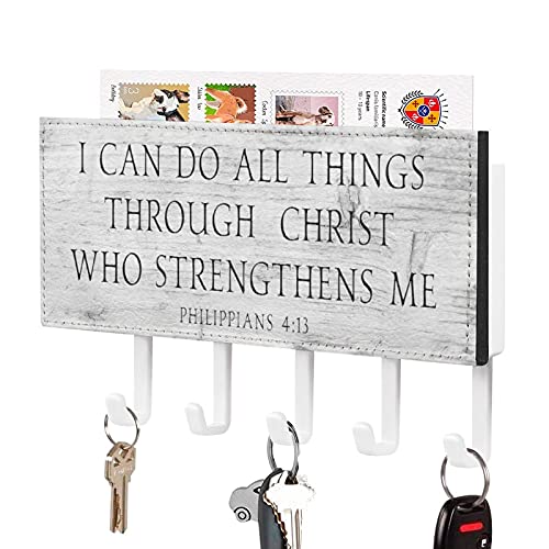 I Can Do All Things Through Christ Who Strengthens Me Key Holder for Wall, Bible Verse Mail Holder and Key Rack for Entryway, Farmhouse Home Decor Key Hooks, Rustic Key Hangers with 5 Hooks