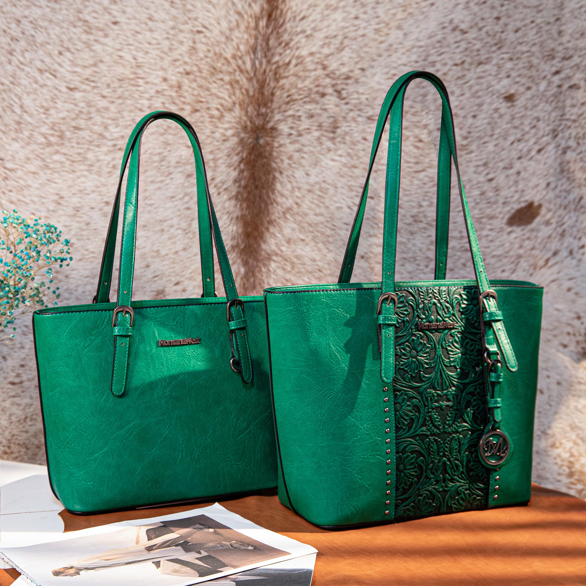 Montana West Tote Bag for Women Vegan Leather Purse and Handbags Set Embossed Collection Purse 2Pcs Set Green MWC2-G052A-GN