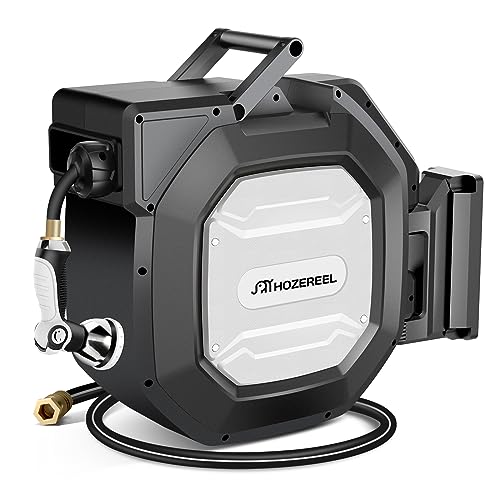5/8" Heavy Duty Retractable Gaeden Hose Reel by HOZEREEL, Garden Hose Reels Outdoor Organizer- Self Propelling Wall Mount Hose Reel Outdoor Storage, Any Length Lock, 90 FT Hose
