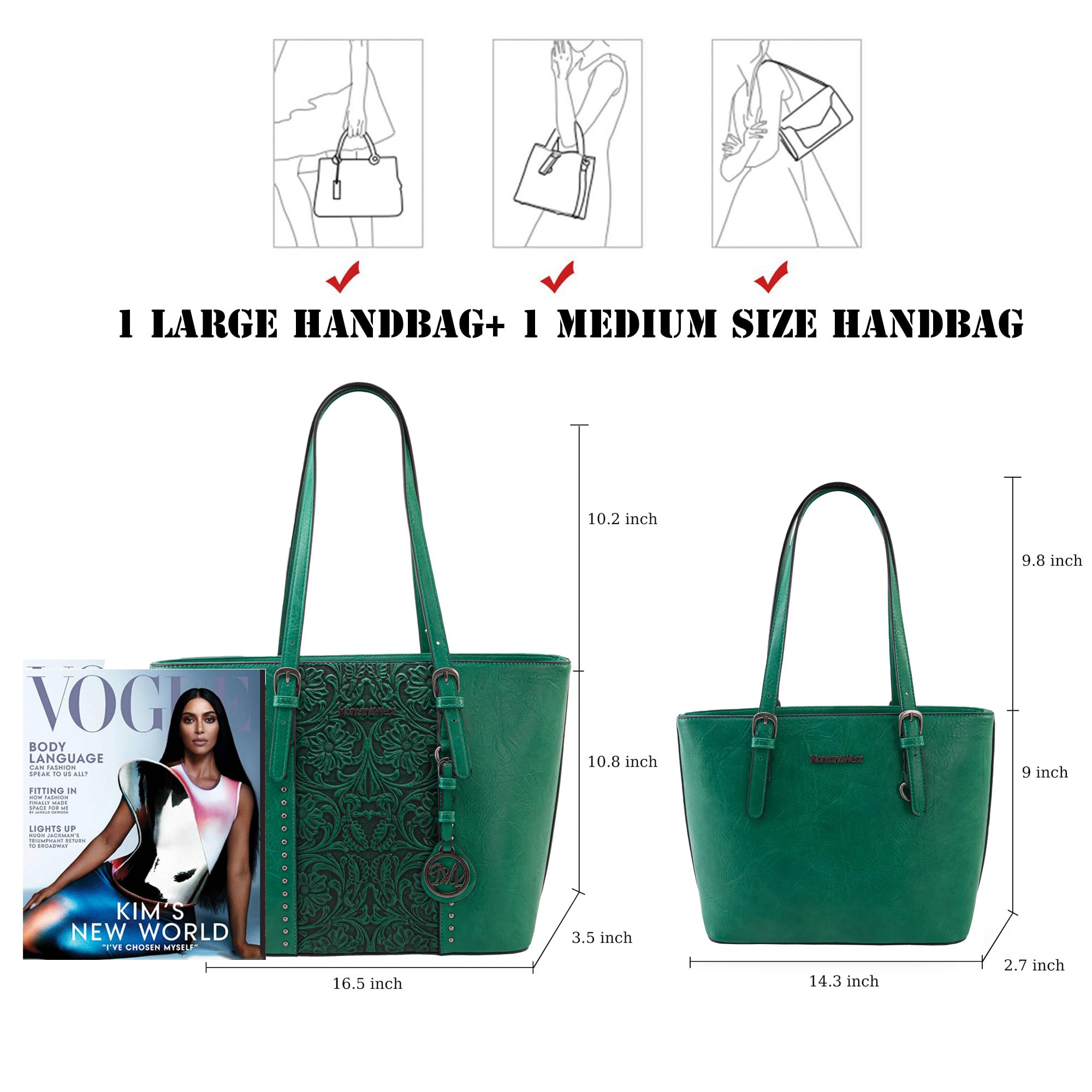 Montana West Tote Bag for Women Vegan Leather Purse and Handbags Set Embossed Collection Purse 2Pcs Set Green MWC2-G052A-GN