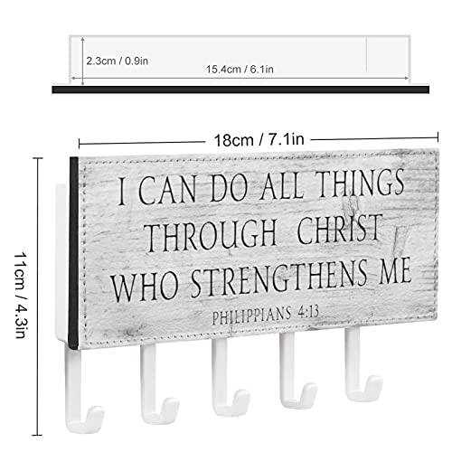 I Can Do All Things Through Christ Who Strengthens Me Key Holder for Wall, Bible Verse Mail Holder and Key Rack for Entryway, Farmhouse Home Decor Key Hooks, Rustic Key Hangers with 5 Hooks