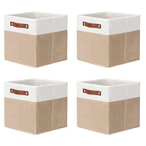 DULLEMELO 11 inch Cube Storage Bins,Fabric Storage Cubes for Organizing,Collapsible Foldable Linen Canvas Closet Storage Bins for Shelves Closet Bedroom Toys Home Office(White&Khaki)