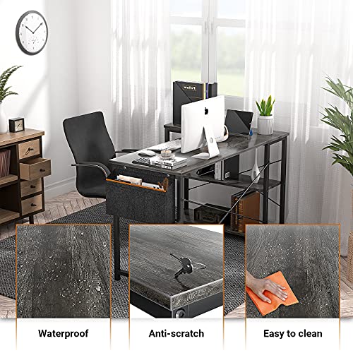 Homieasy Small L Shaped Computer Desk, 47 Inch L-Shaped Corner Desk with Reversible Storage Shelves for Home Office Workstation, Modern Simple Style Writing Desk Table with Storage Bag(Black Oak)