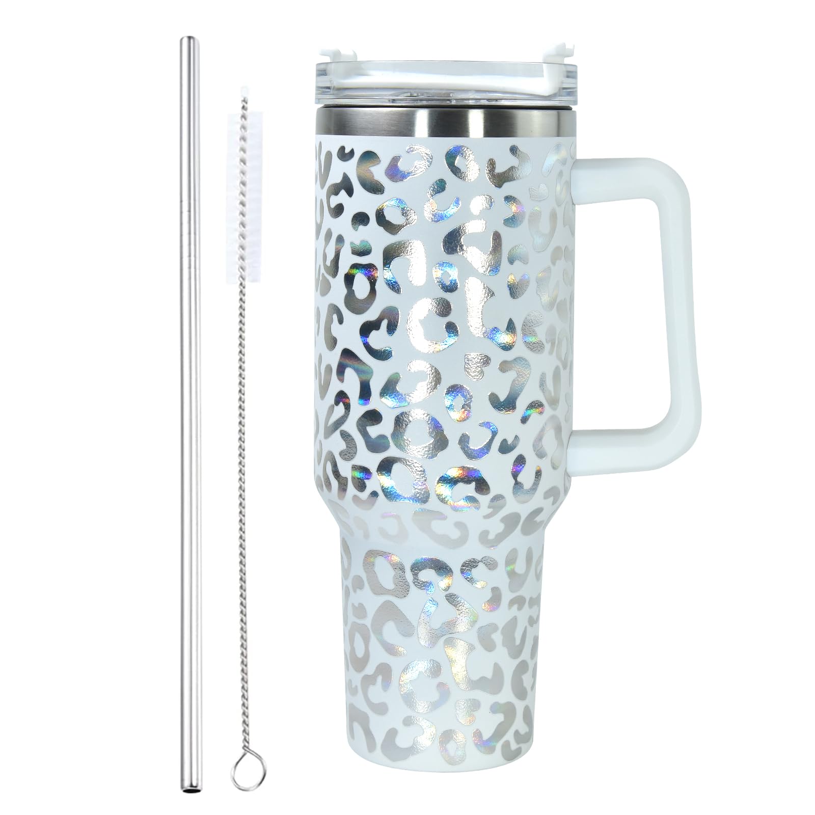 AGH 40 oz Leopard Tumbler with Stainless Steel Straw and Lid, Insulated Double Wall Vacuum Reusable Cups with handle, White Travel Mug for Party,Home,Driving,Office