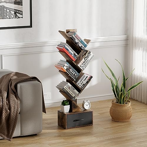 Egepon 6-Tier Tree Bookshelf with Drawer Rustic Brown Book Shelf Storage Rack Floor Standing Bookcase for CDs Movies Books Multifunctional Organizer Shelves for Home Office Living Room Bedroom