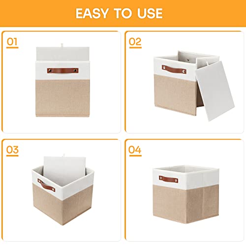 DULLEMELO 11 inch Cube Storage Bins,Fabric Storage Cubes for Organizing,Collapsible Foldable Linen Canvas Closet Storage Bins for Shelves Closet Bedroom Toys Home Office(White&Khaki)