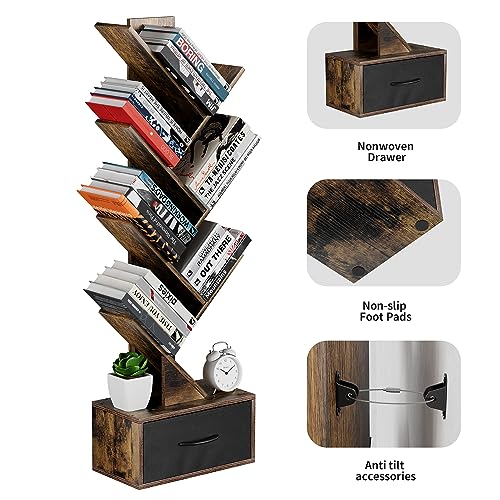 Egepon 6-Tier Tree Bookshelf with Drawer Rustic Brown Book Shelf Storage Rack Floor Standing Bookcase for CDs Movies Books Multifunctional Organizer Shelves for Home Office Living Room Bedroom