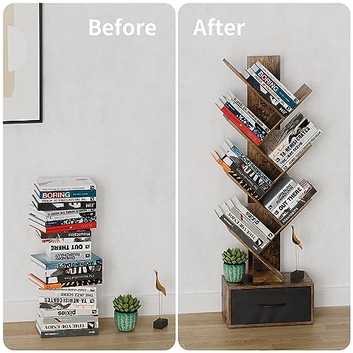 Egepon 6-Tier Tree Bookshelf with Drawer Rustic Brown Book Shelf Storage Rack Floor Standing Bookcase for CDs Movies Books Multifunctional Organizer Shelves for Home Office Living Room Bedroom