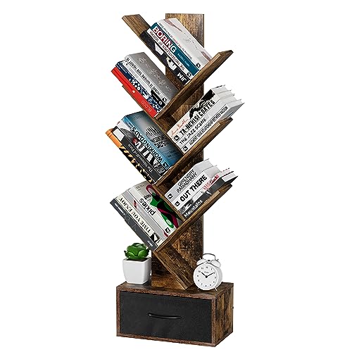 Egepon 6-Tier Tree Bookshelf with Drawer Rustic Brown Book Shelf Storage Rack Floor Standing Bookcase for CDs Movies Books Multifunctional Organizer Shelves for Home Office Living Room Bedroom