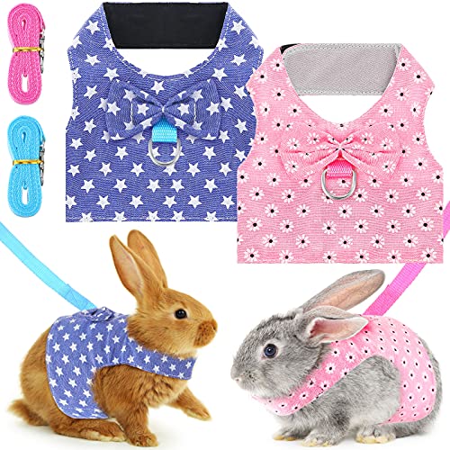 2 Set Rabbit Harness with Leash Adjustable Bunny Guinea Pig Bowknot Harness Set for Small Large Pets Costume Walking (M)