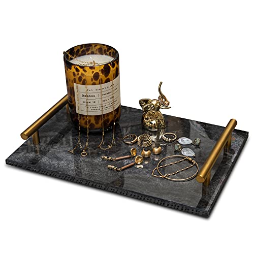 Star Dust x White Mist Natural Marble Vanity Tray with Gold Handles/Accents, Decorative Tray for Perfume Accessories, Countertop Decor for Bathroom & Kitchen; Pastry, Tapas & Dessert Serving Trays