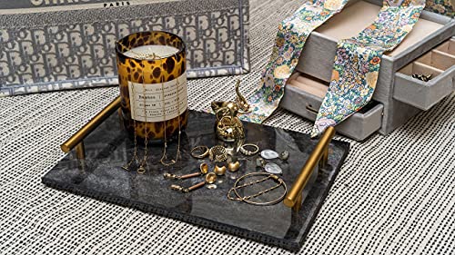 Star Dust x White Mist Natural Marble Vanity Tray with Gold Handles/Accents, Decorative Tray for Perfume Accessories, Countertop Decor for Bathroom & Kitchen; Pastry, Tapas & Dessert Serving Trays