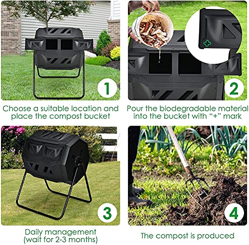 Squareful 43 Garden Compost Bin, 43 Gallon Dual Chamber, Composting Tumbler w/ 2 Sliding Doors & Steel Frame, Large Capacity, Rustproof for All Weather