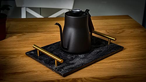 Star Dust x White Mist Natural Marble Vanity Tray with Gold Handles/Accents, Decorative Tray for Perfume Accessories, Countertop Decor for Bathroom & Kitchen; Pastry, Tapas & Dessert Serving Trays