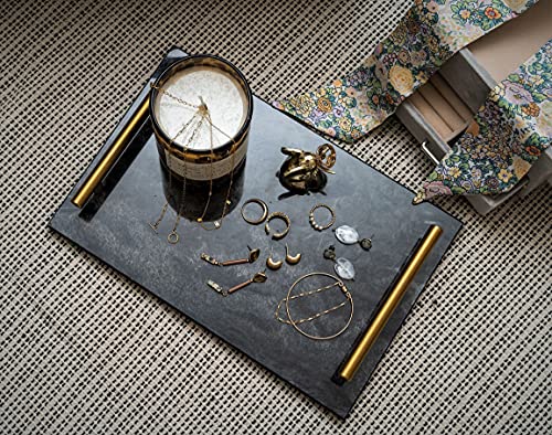 Star Dust x White Mist Natural Marble Vanity Tray with Gold Handles/Accents, Decorative Tray for Perfume Accessories, Countertop Decor for Bathroom & Kitchen; Pastry, Tapas & Dessert Serving Trays