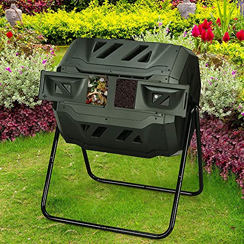 Squareful 43 Garden Compost Bin, 43 Gallon Dual Chamber, Composting Tumbler w/ 2 Sliding Doors & Steel Frame, Large Capacity, Rustproof for All Weather