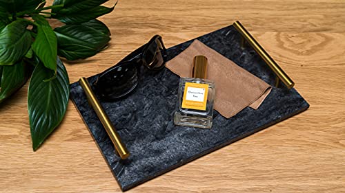 Star Dust x White Mist Natural Marble Vanity Tray with Gold Handles/Accents, Decorative Tray for Perfume Accessories, Countertop Decor for Bathroom & Kitchen; Pastry, Tapas & Dessert Serving Trays