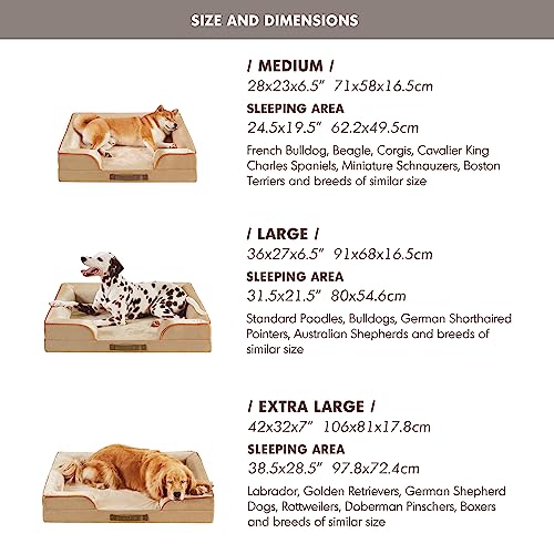 Codi Large Memory Foam Layer Dog Bed, Washable Orthopedic Dogs Beds Couch with Removable Zipper Cover, Waterproof Pet Sofa with U-Shape Bolster, Khaki, 91x68x(7.5+8.9) cm