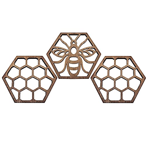 10Pcs Wooden Coaster Hollow Hex Wooden Cup Cushion Honeycomb Design Cup Pad Wall Art Decoratiob for Bee Lovers Collection Housewarming Gift Coffee DIY Bar Home Decor(10Pcs, Bees)