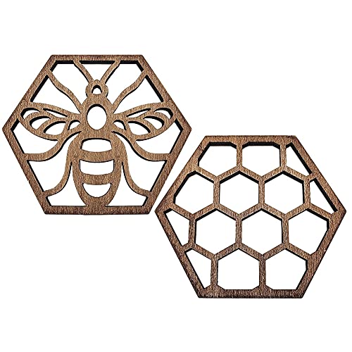 10Pcs Wooden Coaster Hollow Hex Wooden Cup Cushion Honeycomb Design Cup Pad Wall Art Decoratiob for Bee Lovers Collection Housewarming Gift Coffee DIY Bar Home Decor(10Pcs, Bees)