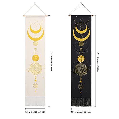 Lourny Sun and Moon Phase Wall hanging - 2 Pcs Long Black and White Tapestry Starry Night Sky Small Tapestries Decor for Bedroom Living Room(Black+White Moon)