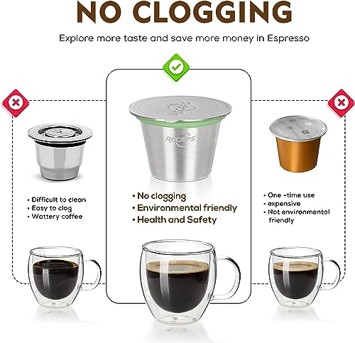 RECAPS Reusable Coffee Filter Capsules Compatible with Nespresso 2PCS Refillable Coffee Pods Permanent Coffee Filter Stainless Steel 120PCS Aluminum Foil Lids