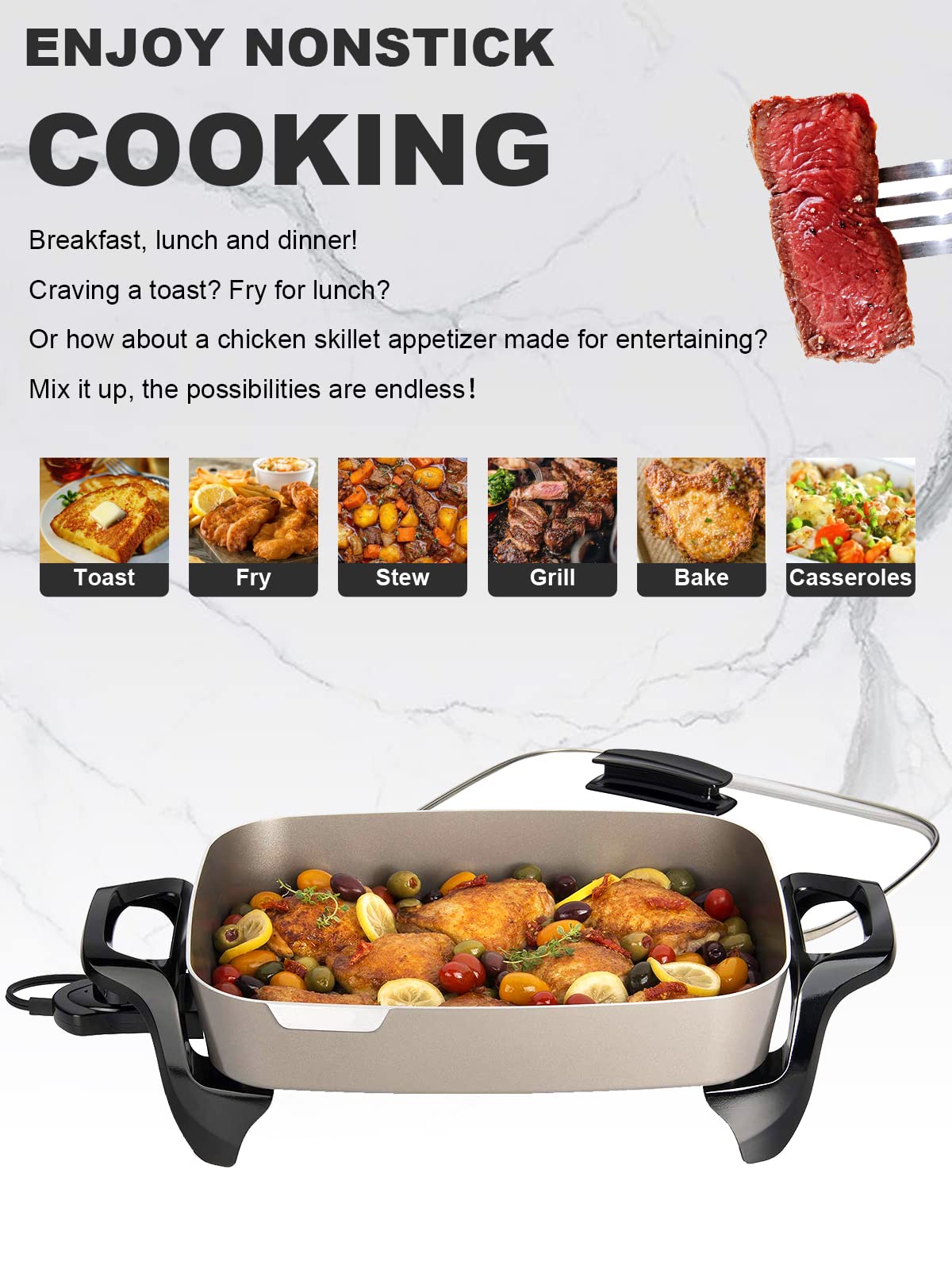 Ceramic Nonstick 16-inch Electric Skillets - Tempered Glass Cover with Stay Cool Handle, Esay Cleaning