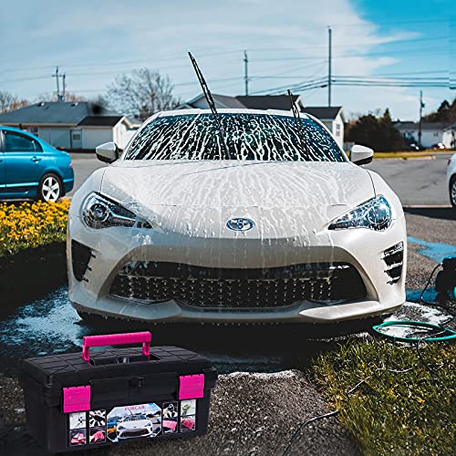 FORCAR 29Pcs Car Wash Cleaning Kit with Extendable Long Handle Brush Mop & Long Pole Window Water Scraper, 63" Large Towels, 16" Large Storage Box, Wash Mitt for Interior and Exterior Detailing, Pink