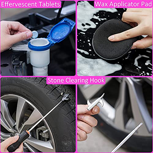 FORCAR 29Pcs Car Wash Cleaning Kit with Extendable Long Handle Brush Mop & Long Pole Window Water Scraper, 63" Large Towels, 16" Large Storage Box, Wash Mitt for Interior and Exterior Detailing, Pink