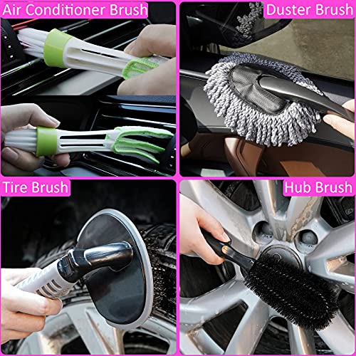 FORCAR 29Pcs Car Wash Cleaning Kit with Extendable Long Handle Brush Mop & Long Pole Window Water Scraper, 63" Large Towels, 16" Large Storage Box, Wash Mitt for Interior and Exterior Detailing, Pink
