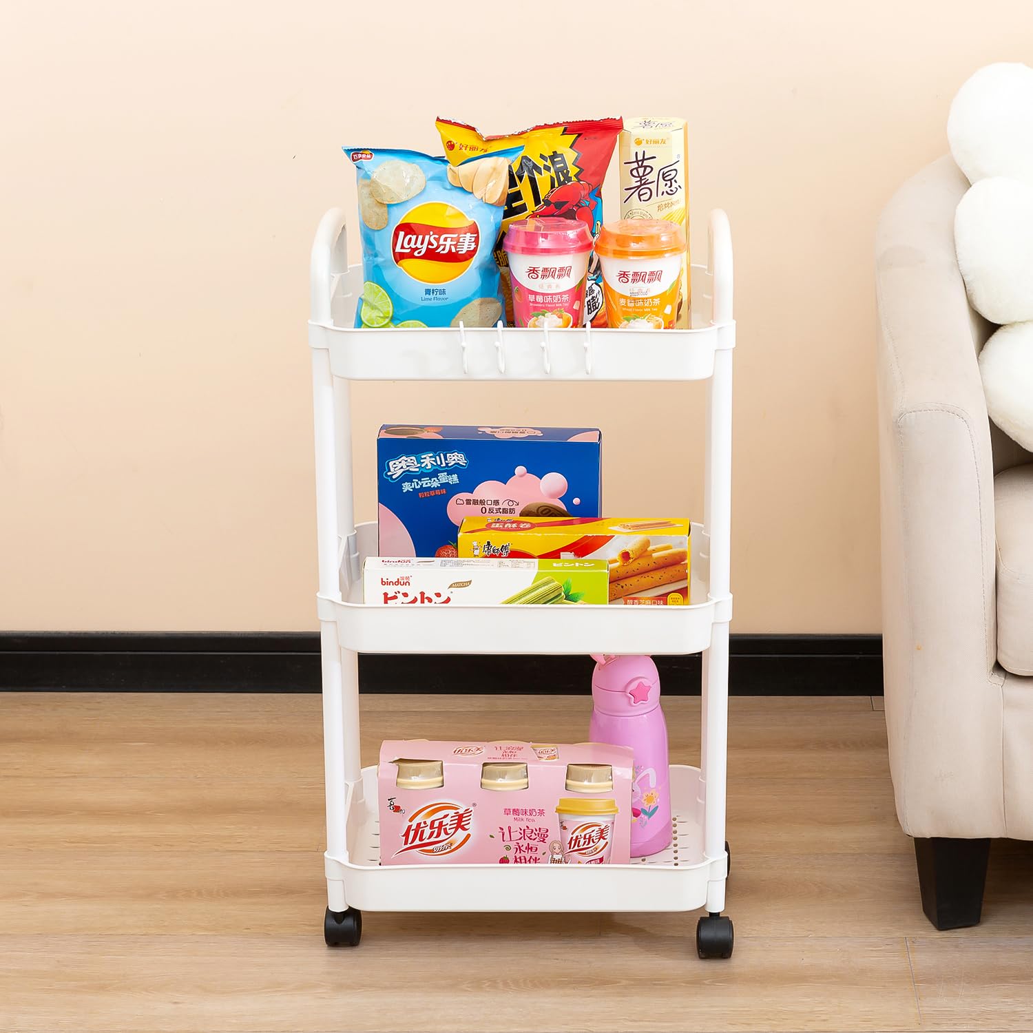 Gagee 3 Tier Rolling Cart with Wheels and Handle,Rolling Storage Cart for Office, Living Room, Laundry Room,Kitchen,Bathroom,White