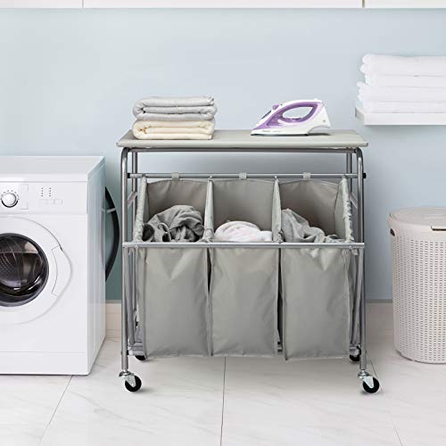 ALIMORDEN Laundry Sorter Cart Heavy Duty 3 Bags Classic Rolling Side pull Laundry Hamper Sorter with Ironing Board and 4 Wheels Grey