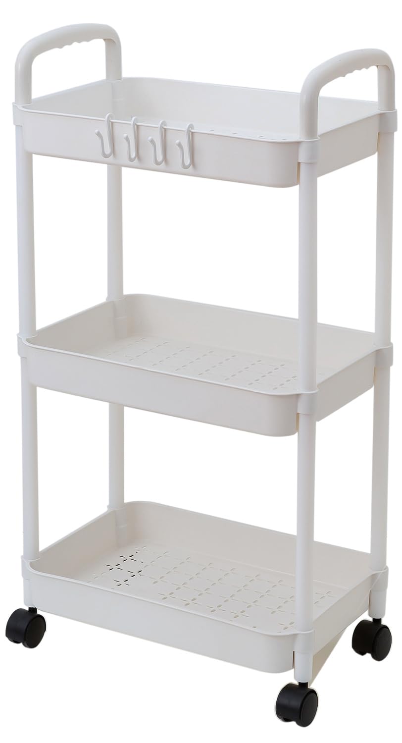 Gagee 3 Tier Rolling Cart with Wheels and Handle,Rolling Storage Cart for Office, Living Room, Laundry Room,Kitchen,Bathroom,White