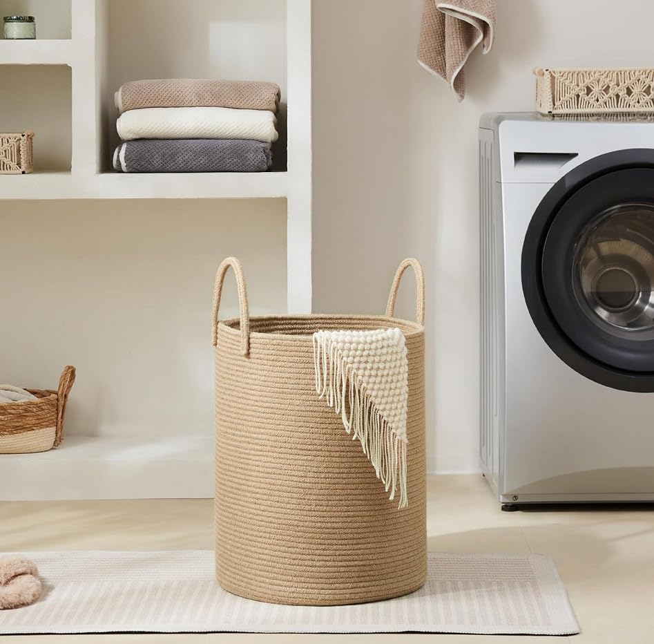 YOUDENOVA Cotton Laundry Hamper, 58L - Woven Collapsible Storage Basket - Jute Brown