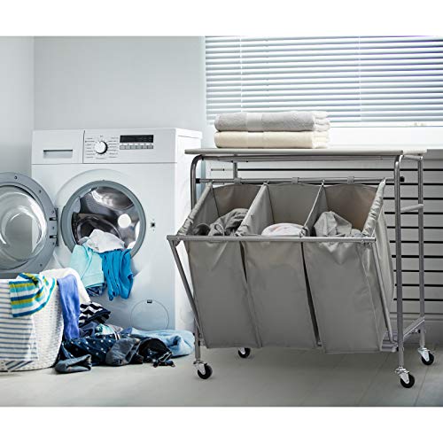 ALIMORDEN Laundry Sorter Cart Heavy Duty 3 Bags Classic Rolling Side pull Laundry Hamper Sorter with Ironing Board and 4 Wheels Grey
