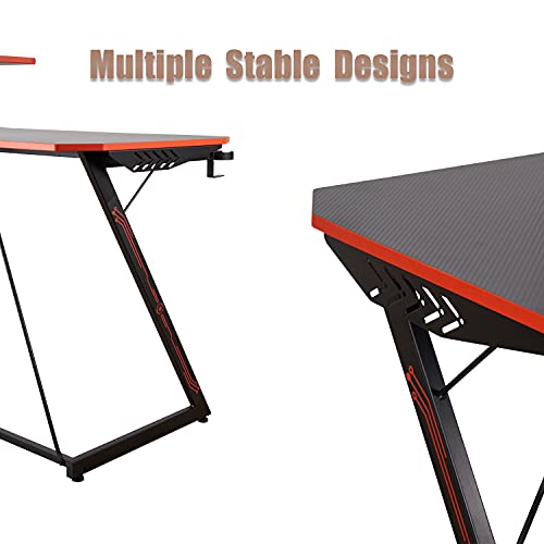 Excited Work Gaming Desk 55 inch PC Computer Desk, Home Office Desk Gaming Table Z Shaped Gamer Workstation with Cup Holder and Headphone Hook LLGD02C