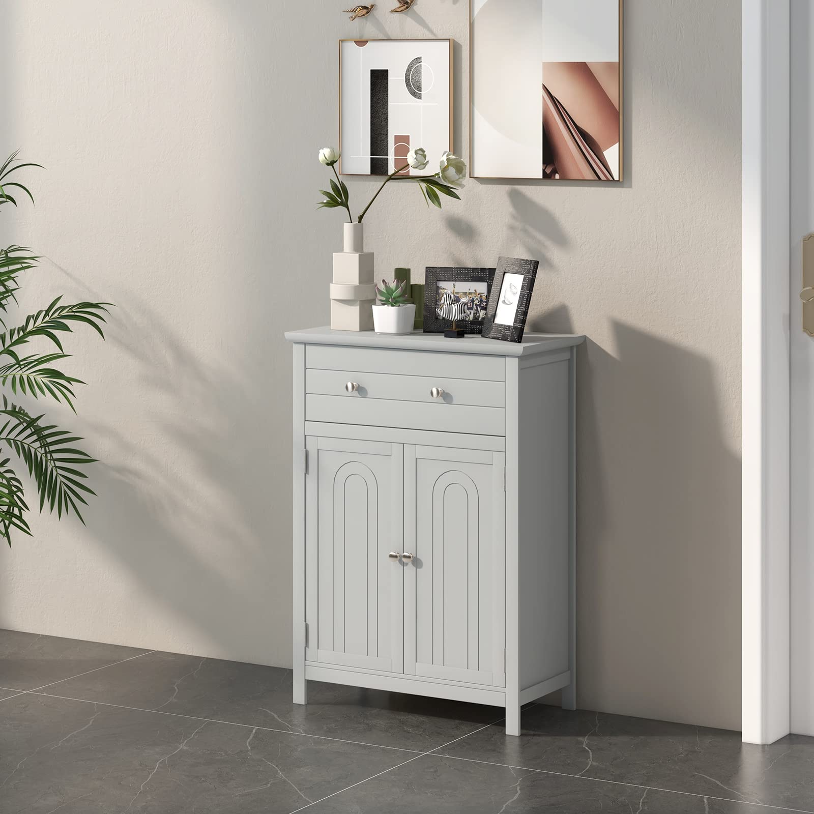 COSTWAY Bathroom Floor Cabinet, Wooden Side Storage Organizer w/Larger Drawer, Adjustable Shelf & 2-Door Cupboard, Freestanding Storage Cabinet for Living Room, Kitchen, Entryway (Grey)