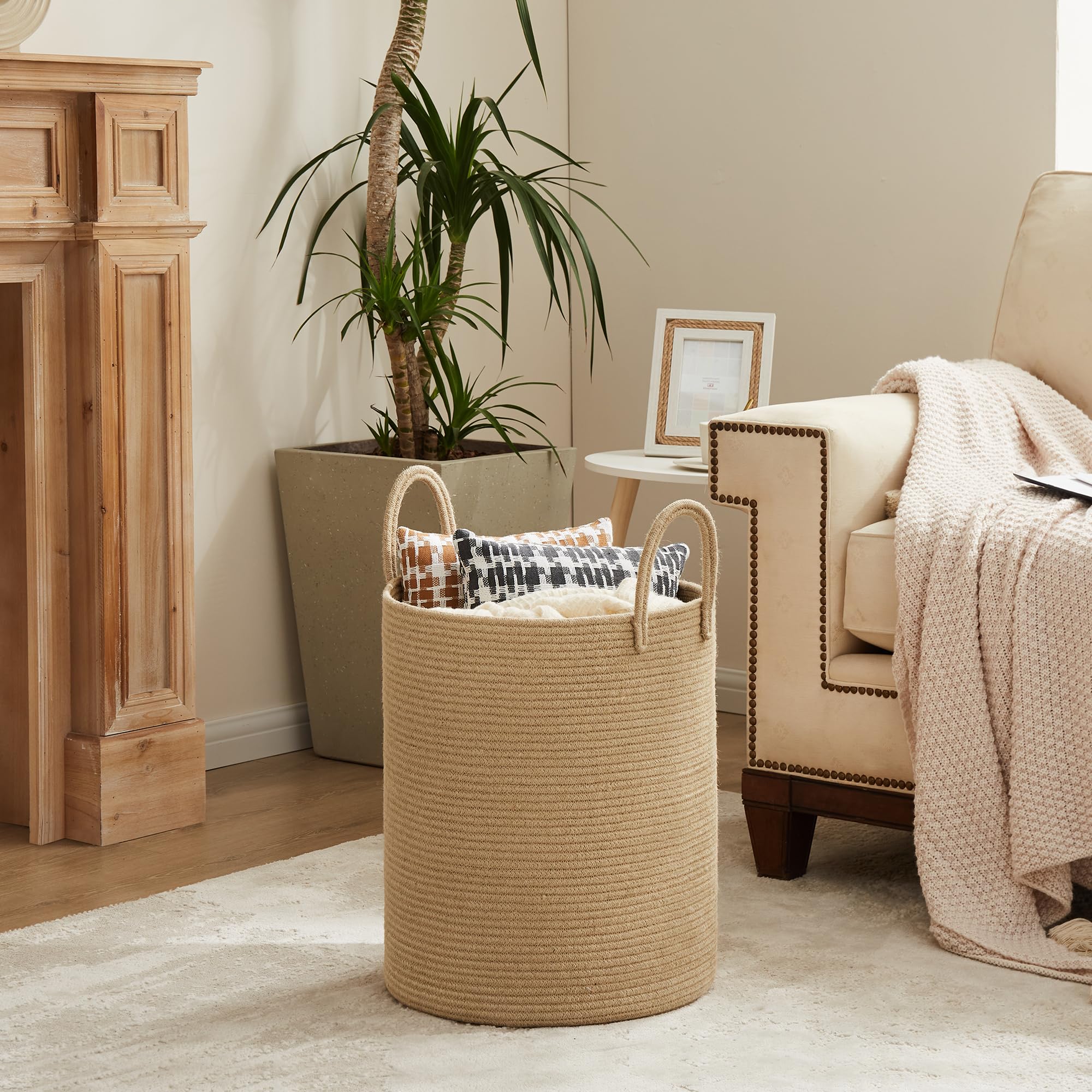 YOUDENOVA Cotton Laundry Hamper, 58L - Woven Collapsible Storage Basket - Jute Brown