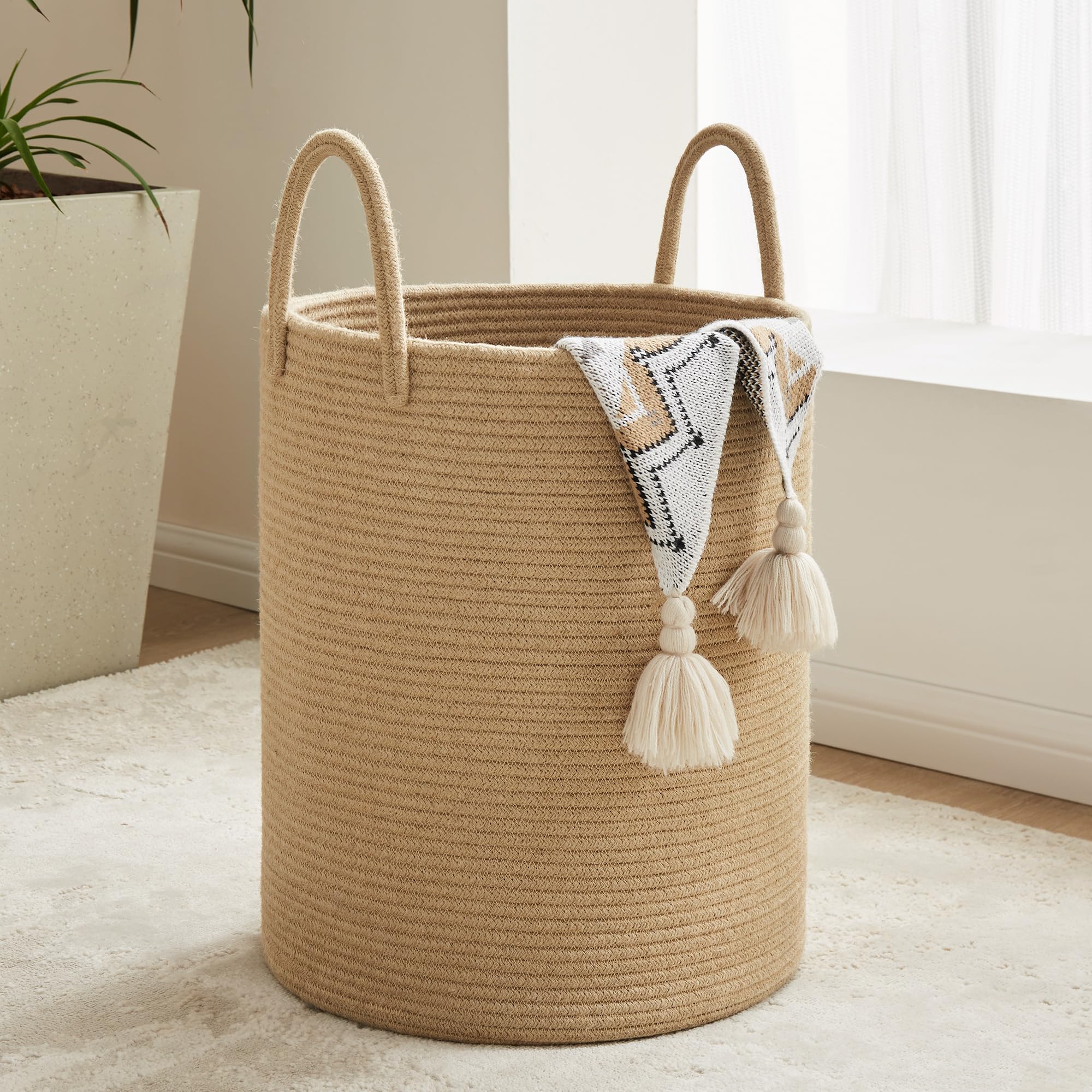 YOUDENOVA Cotton Laundry Hamper, 58L - Woven Collapsible Storage Basket - Jute Brown