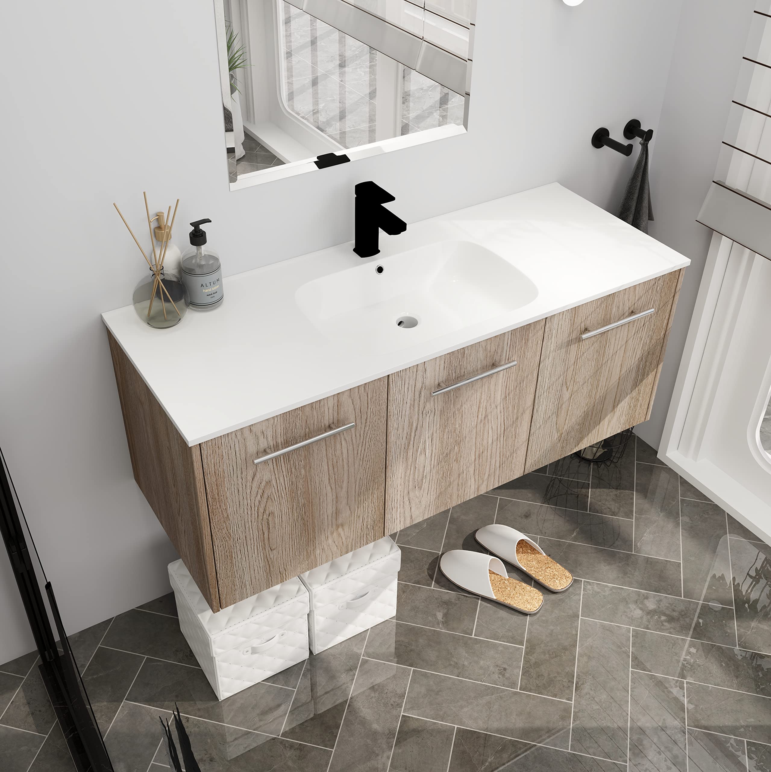 Yoluckea 48" Wall Mounted Bathroom Vanity with Sink, Modern Floating Bathroom Vanity Sink Combo Plywood Hanging Bath Cabinet with White Wash Gel Basin and 3 Soft Close Doors