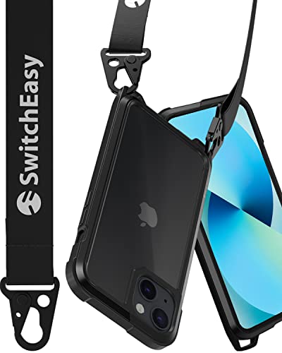 SWITCHEASY Rugged iPhone 13 Case with Strap - Odyssey, US Military-Grade Drop Protection, Aluminum Alloy 6.1" Crossbody Case with Lanyard, Adjustable Fashion Neck Strap (Classic Black, 2 Lens)