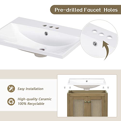 PEIHONGET 24" Bathroom Vanity with Ceramic Basin, Rattan Bathroom Storage Cabinet with Two Doors and Drawer, Freestanding Bath Vanity Cabinet Soft Closing, Solid Wood Frame (Natural)