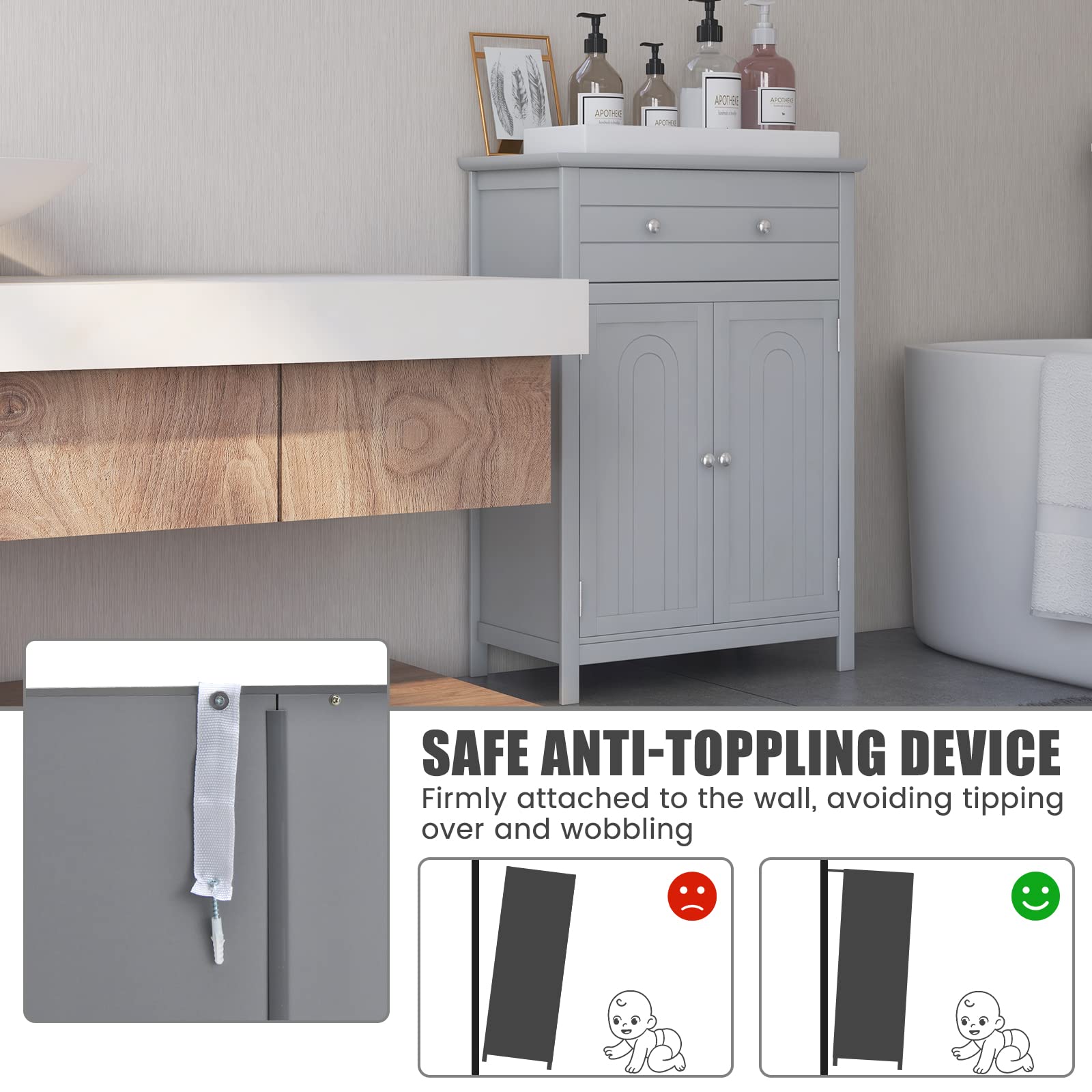 COSTWAY Bathroom Floor Cabinet, Wooden Side Storage Organizer w/Larger Drawer, Adjustable Shelf & 2-Door Cupboard, Freestanding Storage Cabinet for Living Room, Kitchen, Entryway (Grey)